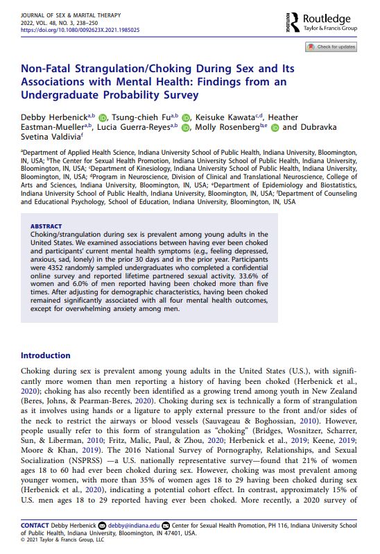 Non-Fatal Strangulation/Choking During Sex and Its Associations with ...