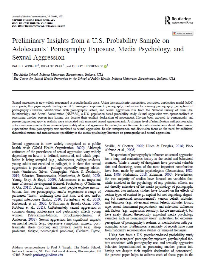 Preliminary Insights from a U.S. Probability Sample on Adolescents’ Pornography Exposure ...