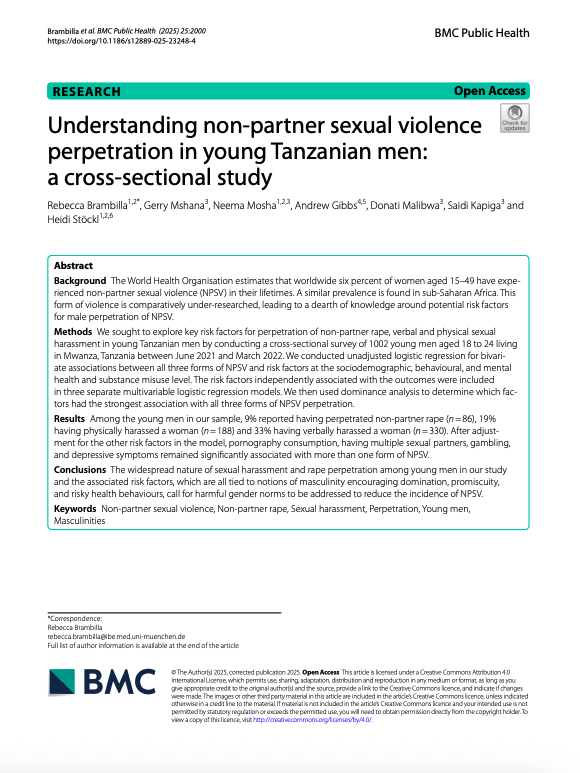 Understanding non-partner sexual violence perpetration in young Tanzanian men: a cross-sectional ...