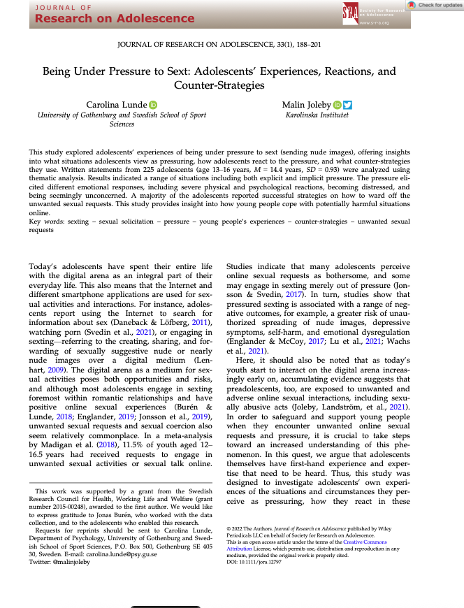 Being Under Pressure to Sext: Adolescents' Experiences, Reactions, and Counter-Strategies ...