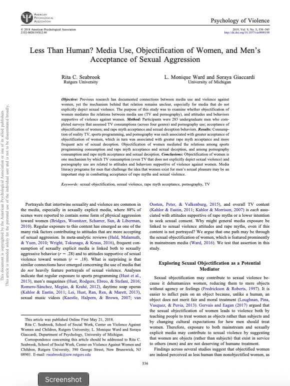Less than human? Media use, objectification of women, and men’s ...